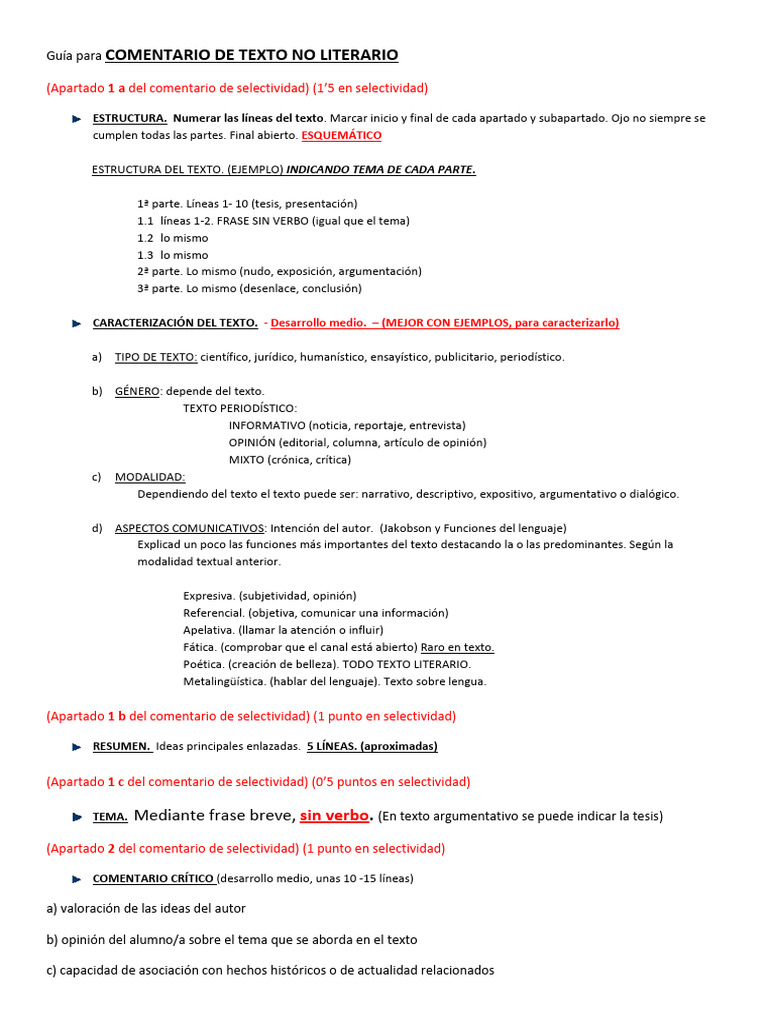 Guía para COMENTARIO DE TEXTO NO LITERARIO | PDF