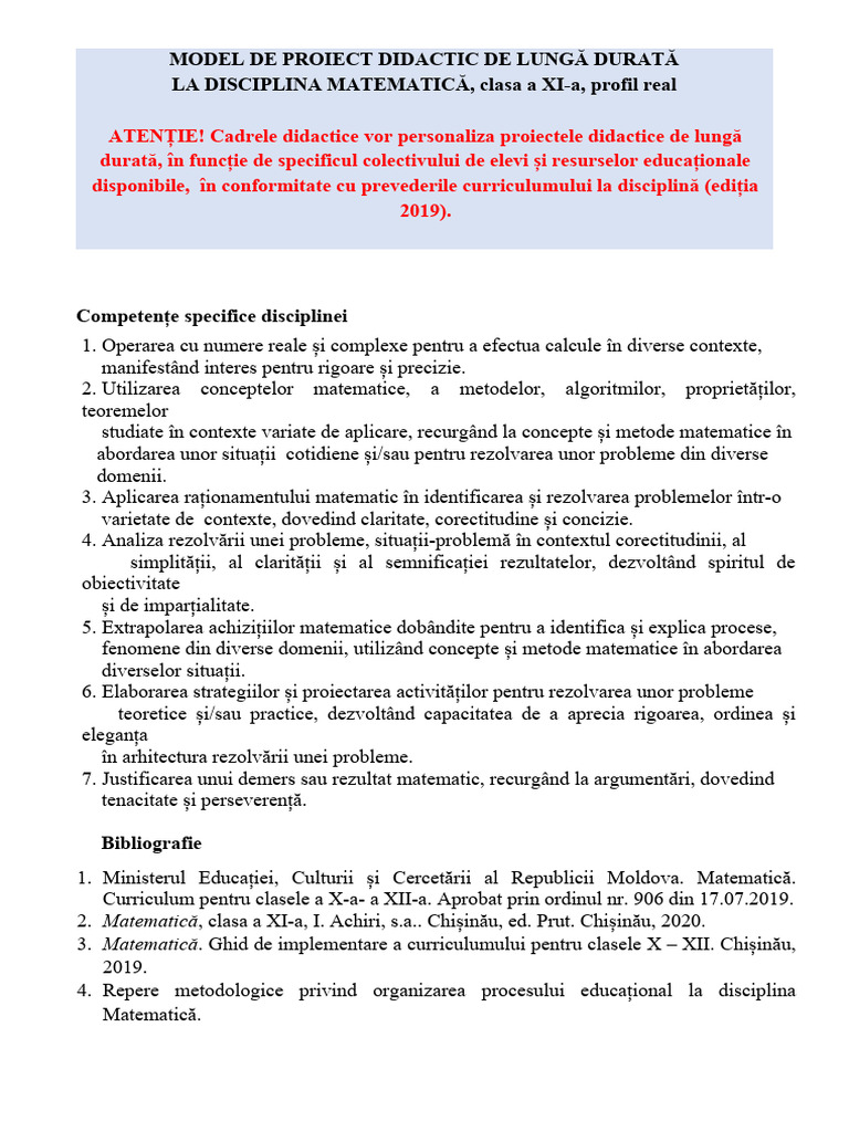 Proiect Didactic Clasa 11 Real Matematica | PDF