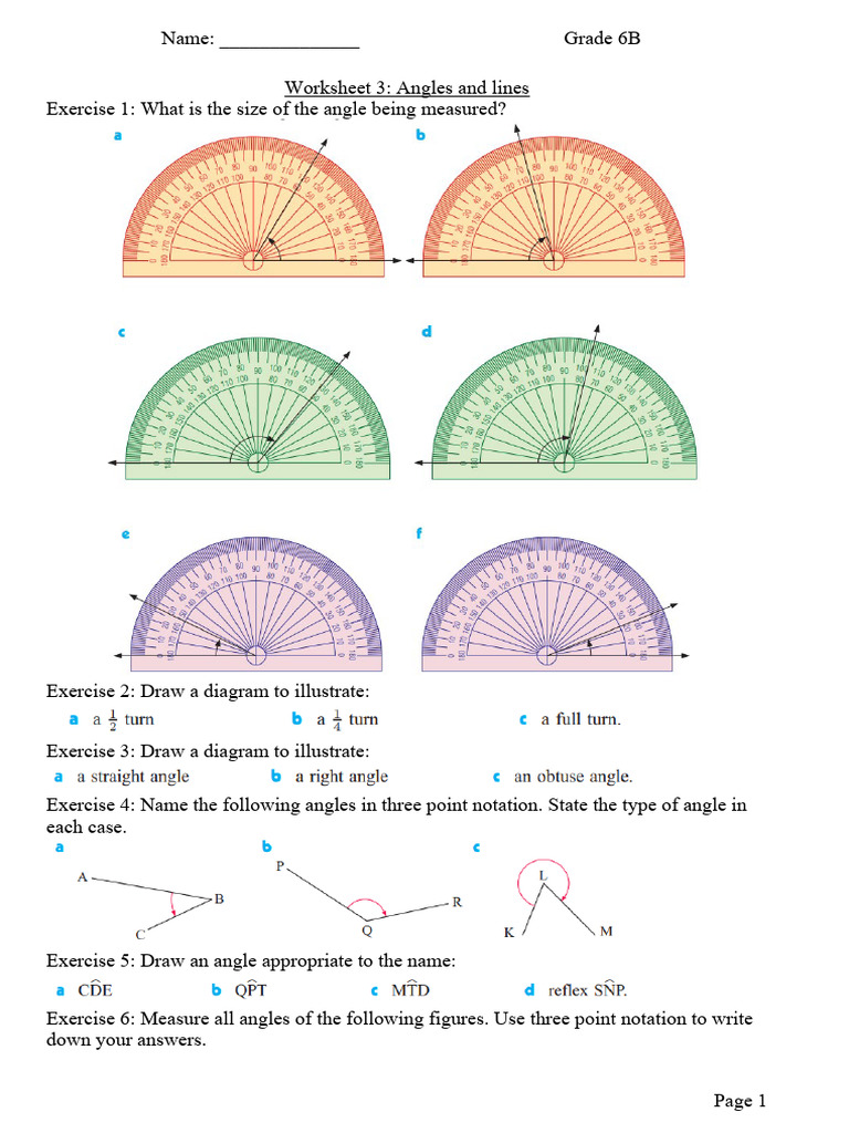 Angles and Lines Worksheet (Grade 6) | PDF | Angle | Elementary Mathematics