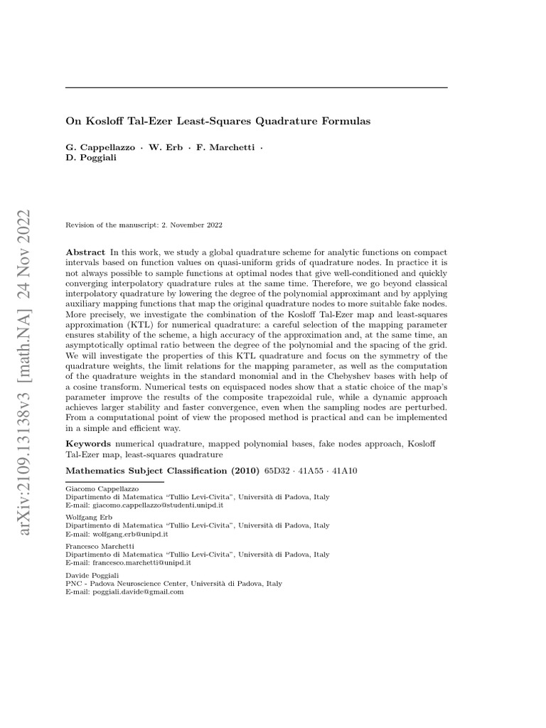 On Kosloff Tal-Ezer Least-Squares Quadrature Formulas | PDF | Basis (Linear Algebra) | Matrix ...