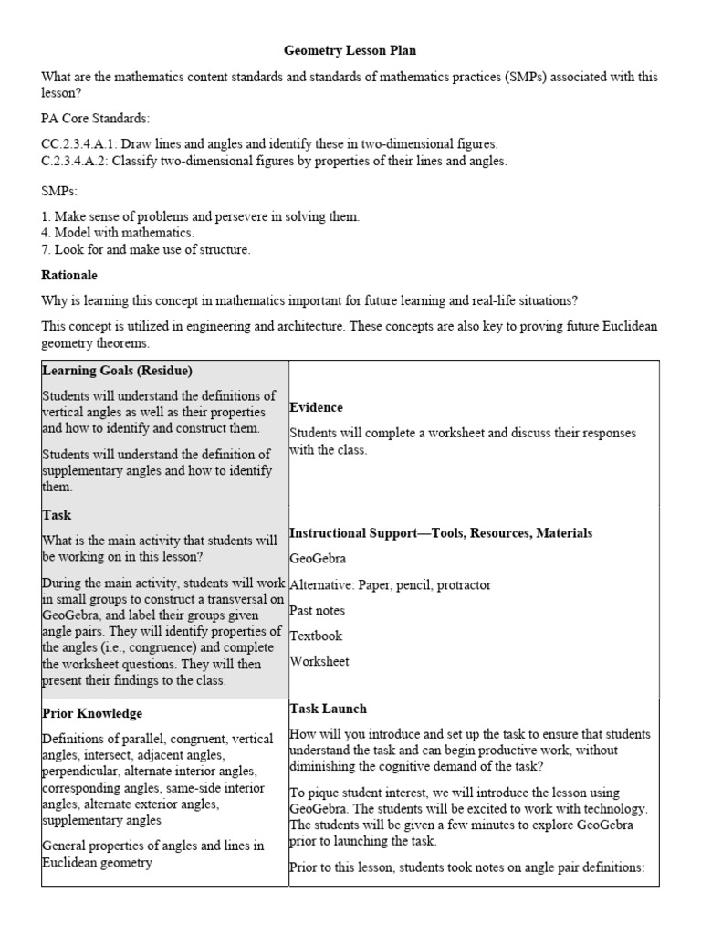 Angle Pairs Lesson Plan | PDF | Angle | Cognition