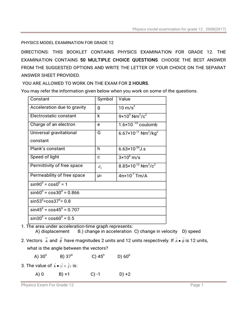 Grade 12 Physics Model Exam 2017 | PDF | Heat | Heat Capacity