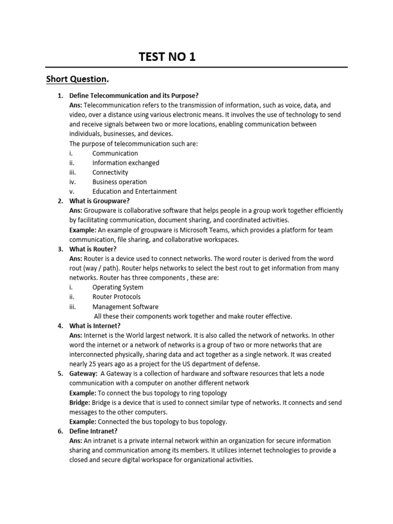 TEST NO 1 | PDF | Computer Network | Client–Server Model
