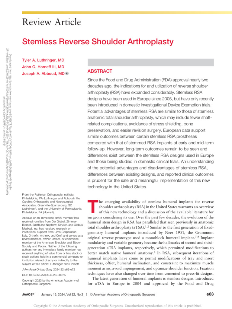 Stemless Reverse Shoulder Arthroplasty | PDF | Musculoskeletal System