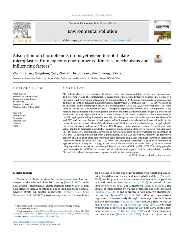 Adsorption of Chlorophenols On Polyethylene Terephthalate Microplastics ...