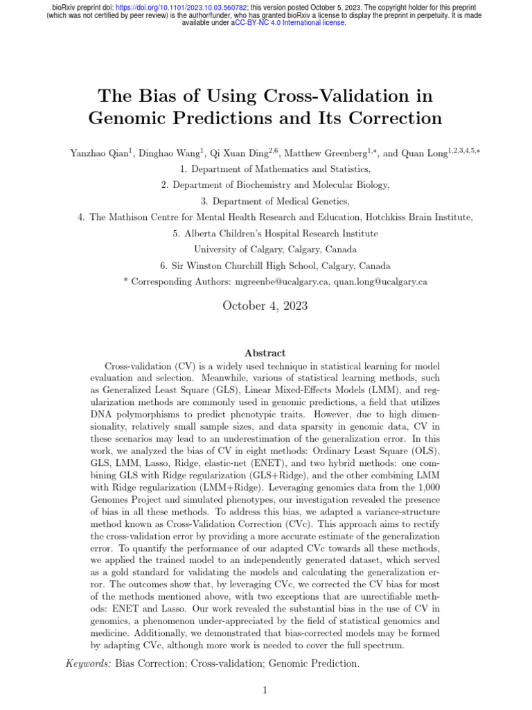 The Bias Of Using Cross Validation In Genomic Pred Pdf