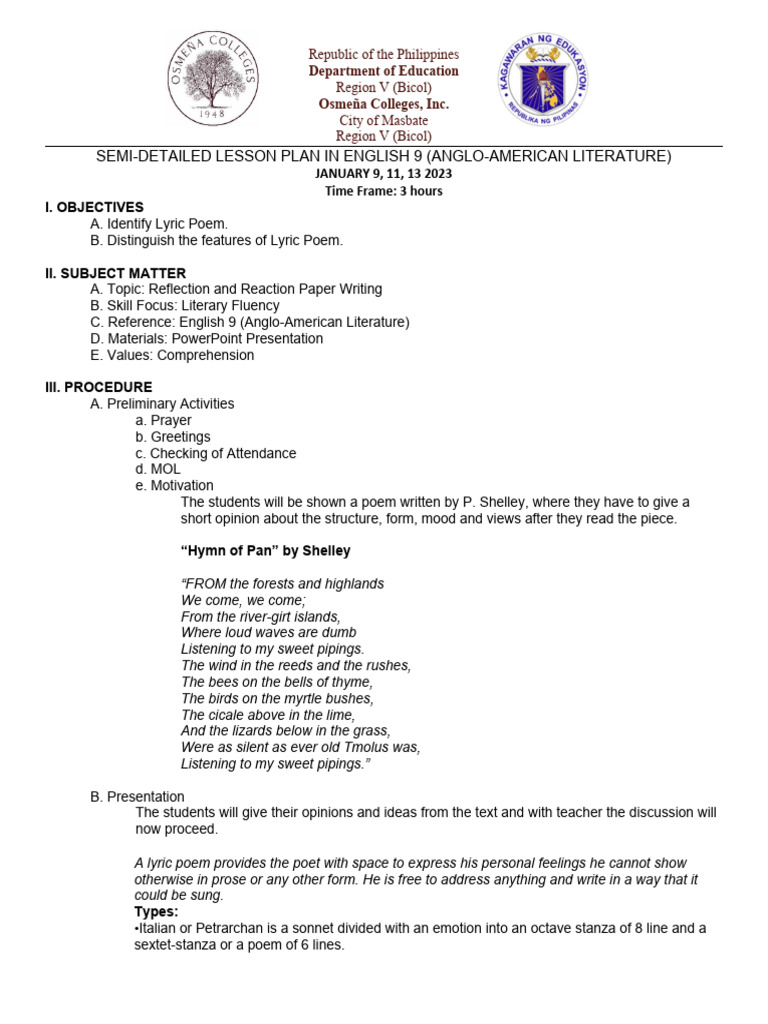 Lesson Plan 2023 | Download Free PDF | Poetry | Sonnets