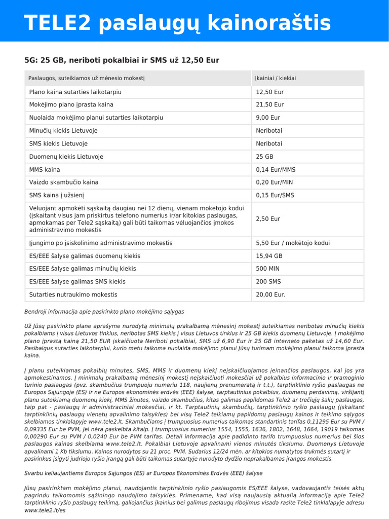 Tele2 Tarifai Lietuvoje | PDF