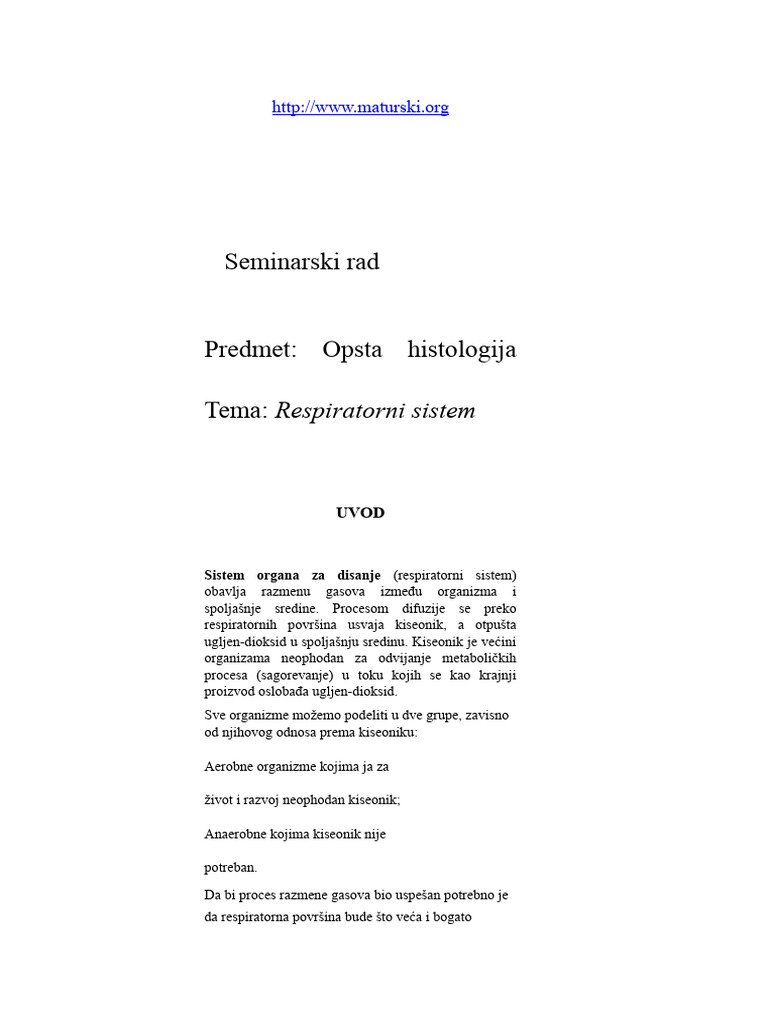 Respiratorni Sistem Seminarski | PDF