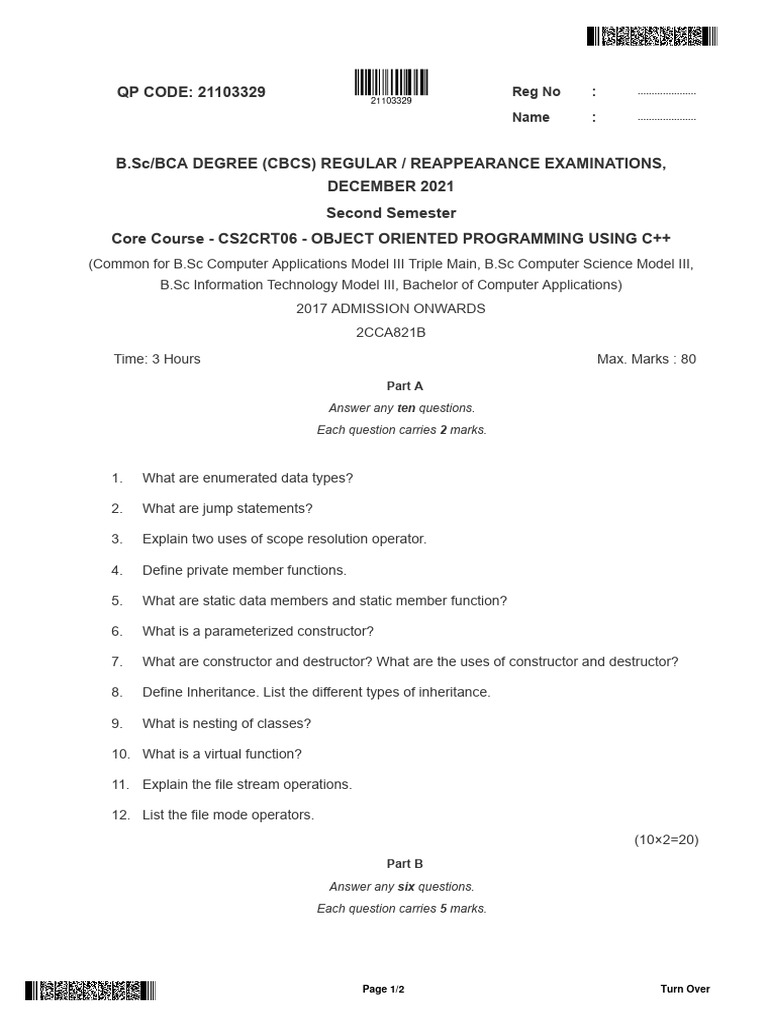 Bsc Bca 2 Sem Object Oriented Programming Using Cpp 21103329 Dec 2021 Pdf Method Computer 
