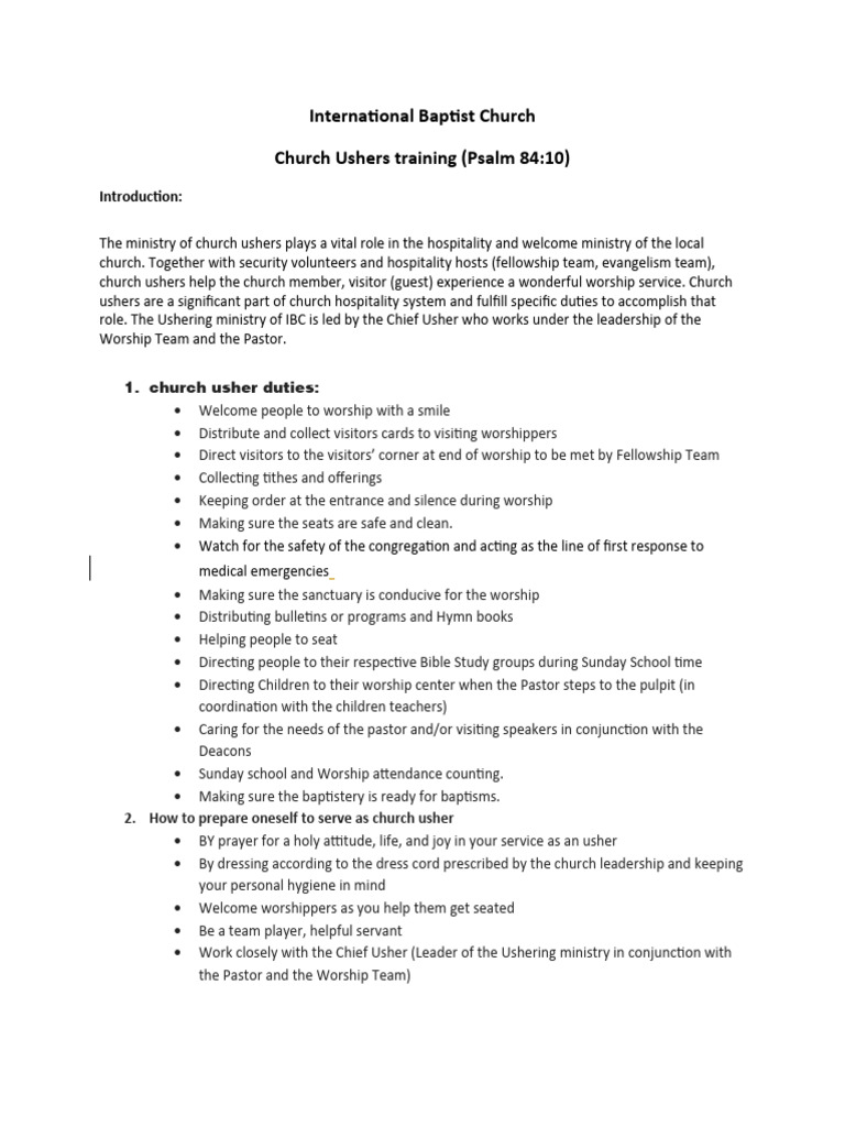 Church Usher Duties and Training Guide | PDF