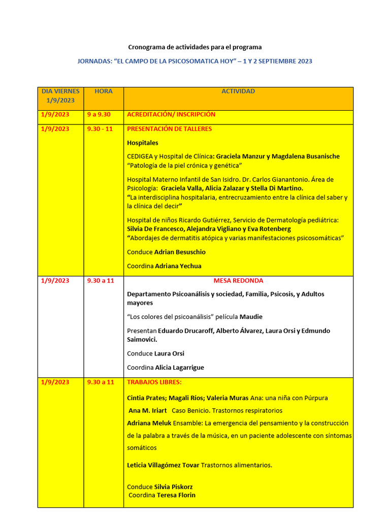 Programa Jornada de Psicosomática 1 y 2 Septiembre 2023 | PDF | Psicoanálisis | Sicología
