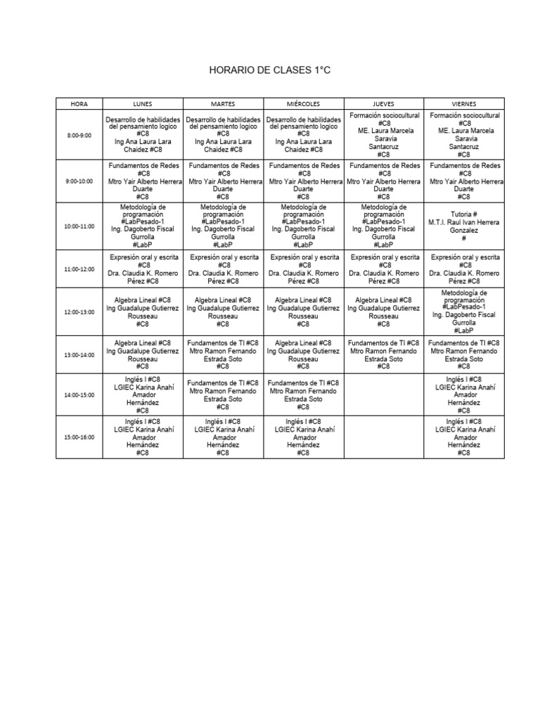 Horario de Clases 1°c | PDF