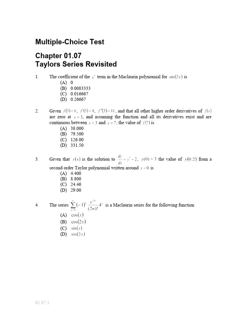 Taylor Series Multiple-Choice Questions | PDF