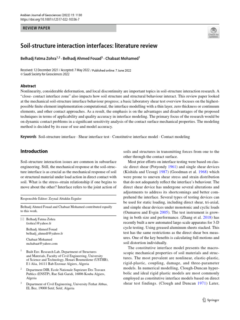 Soil Structure Interaction Interfaces: Literature Review: Belhadj Fatma Zohra Belhadj Ahmed ...