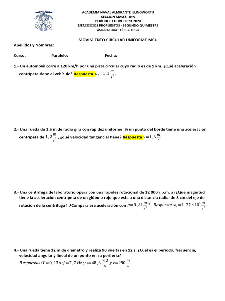 EJERCICIOS PROPUESTOS DE MCU | PDF | Aceleración | Engranaje