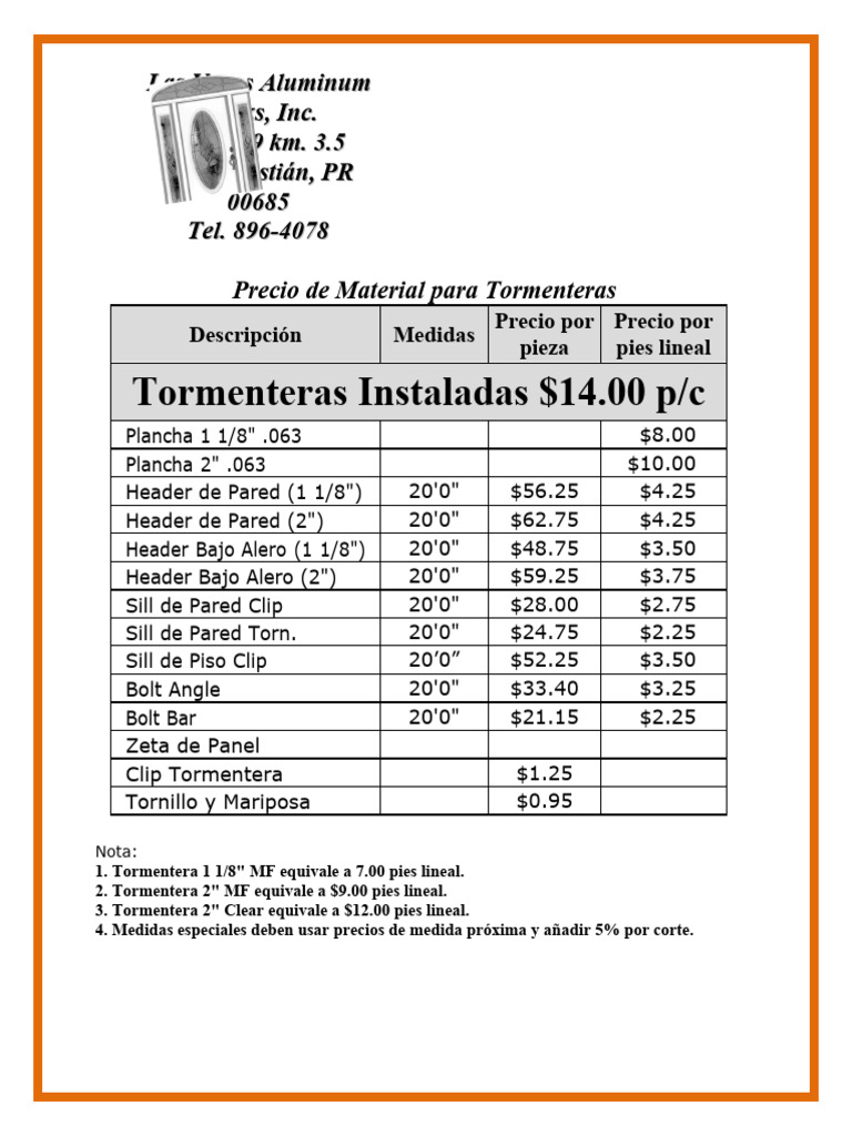 Precio Componentes de Tormenteras | PDF