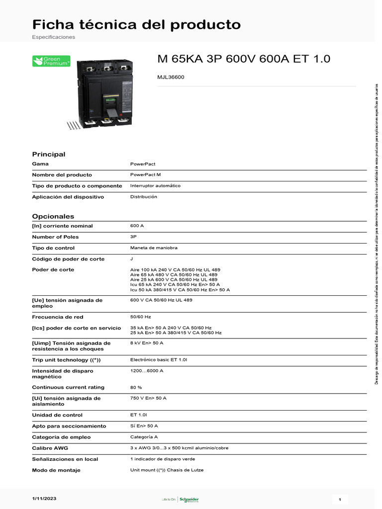 Interruptores en Caja Moldeada Powerpact Marco M - MJL36600 | PDF ...