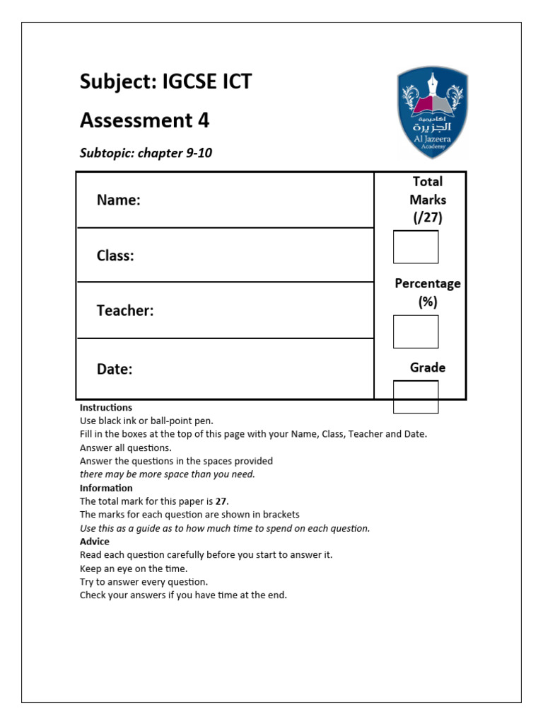 ICT-Year 10 - Test - Unit 4 Assessment 4 | PDF