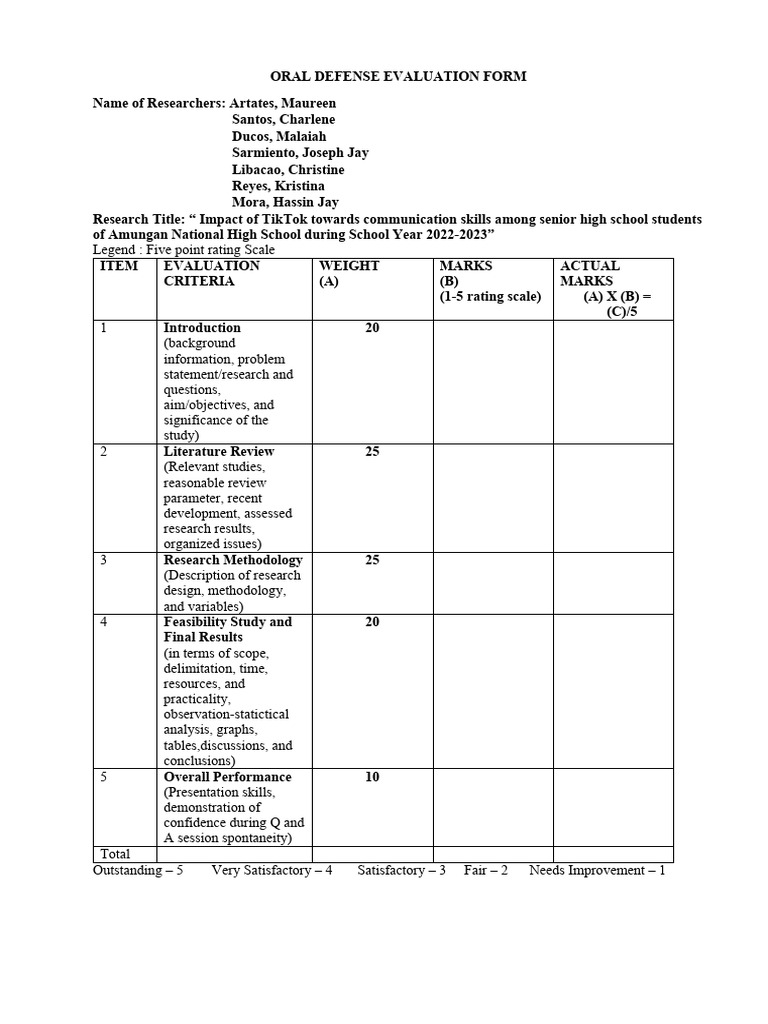 Oral Defense Evaluation Form | PDF