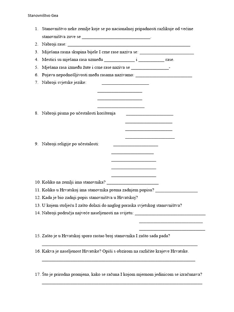 Stanovništvo Geografija 6. Razred | PDF