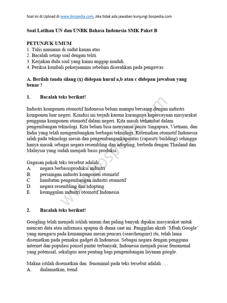 50+ Contoh Soal Latihan UN Dan UNBK Bahasa Indonesia SMK Paket B | PDF ... 50+ Contoh Soal Latihan UN Dan UNBK Bahasa Indonesia SMK Paket B | PDF ...