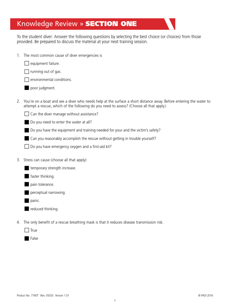 EN719DT Rescue Diver Knowledge Review Answer Key v101 PDF | PDF | Underwater Diving | Scuba Diving