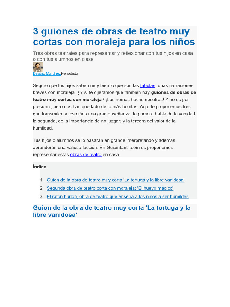 3 Guiones de Obras de Teatro Muy Cortas Con Moraleja para Los Niños ...