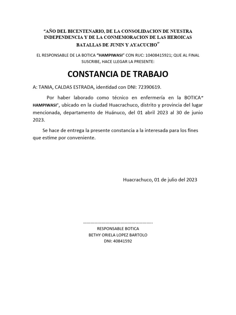 Constancia de Trabajo Botica | PDF