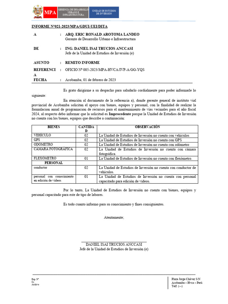 INFORME N°021-2023- remito informe | PDF