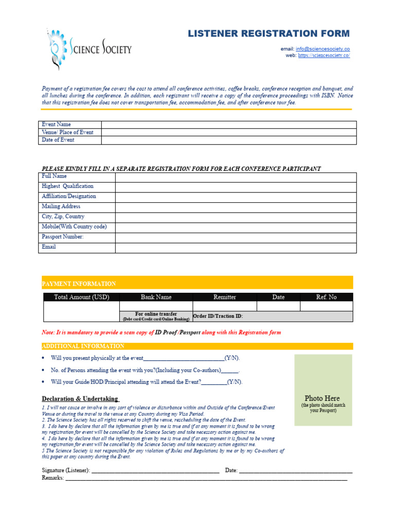 Science Society Listener Registration Form | PDF | Credit Card | Fee
