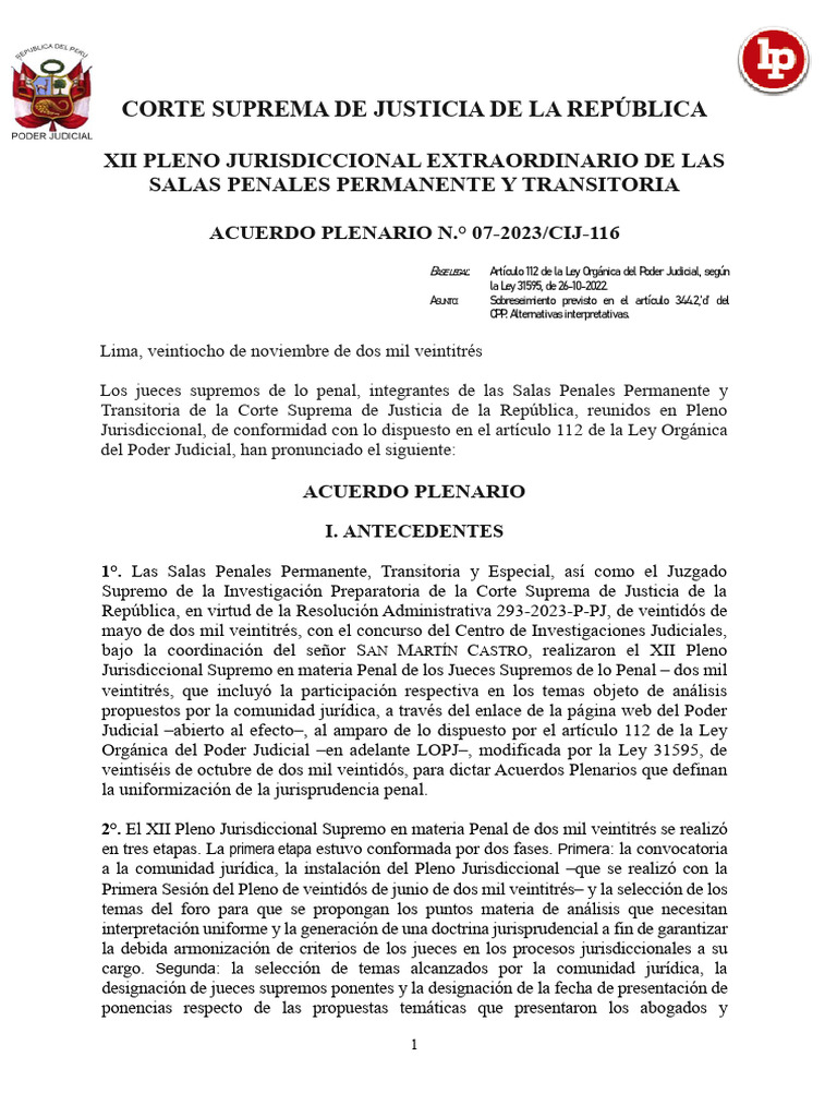 Acuerdo Plenario N.° 07-2023 (Sobreseimiento Previsto en El Art 344.2.D Del CPP | PDF