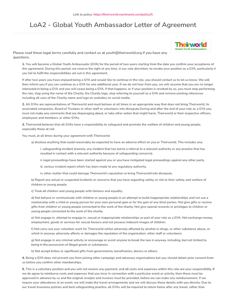 Global Youth Ambassador Letter of Agreement | PDF | Copyright | Patent