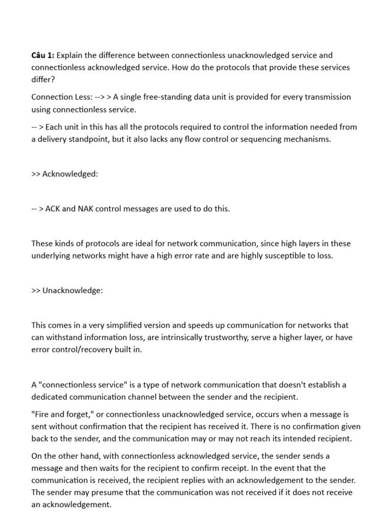 Câu 1: Explain The Difference Between Connectionless Unacknowledged Service and | PDF | Ip ...
