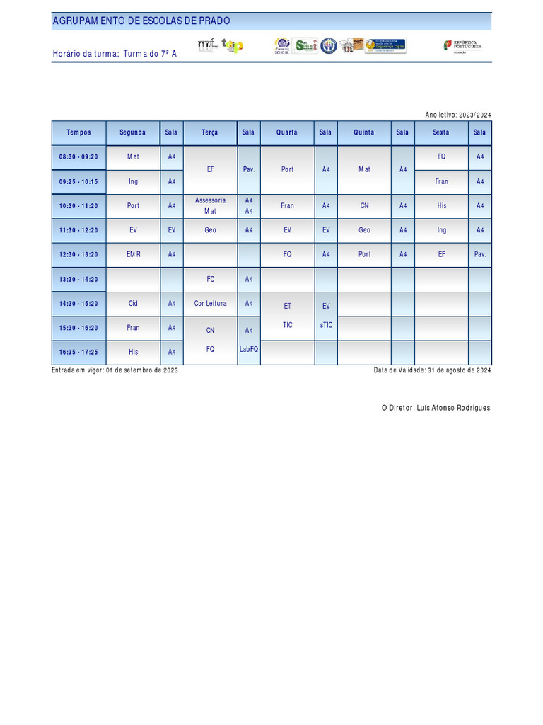 Horário Turmas 7º Ano - Agrupamento Prado | PDF