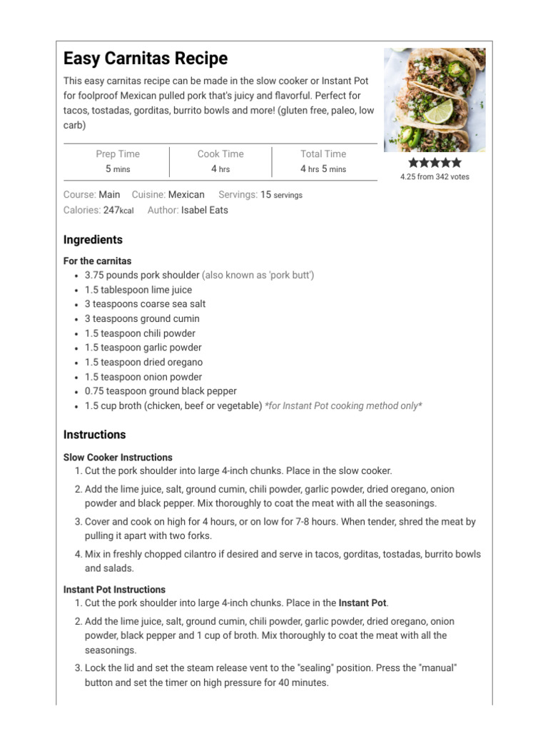 Easy Carnitas 2 - Isabel Eats | PDF | Mexican Cuisine | Teaspoon