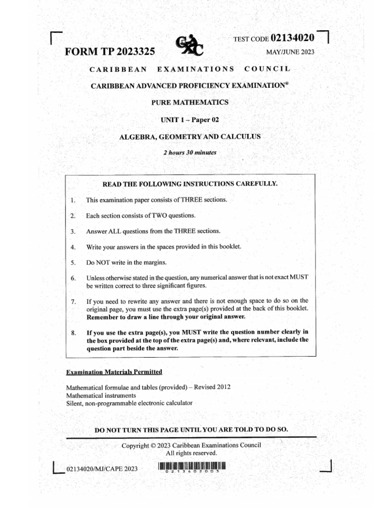 CAPE Pure Mathematics 2023 U1 P2 | PDF