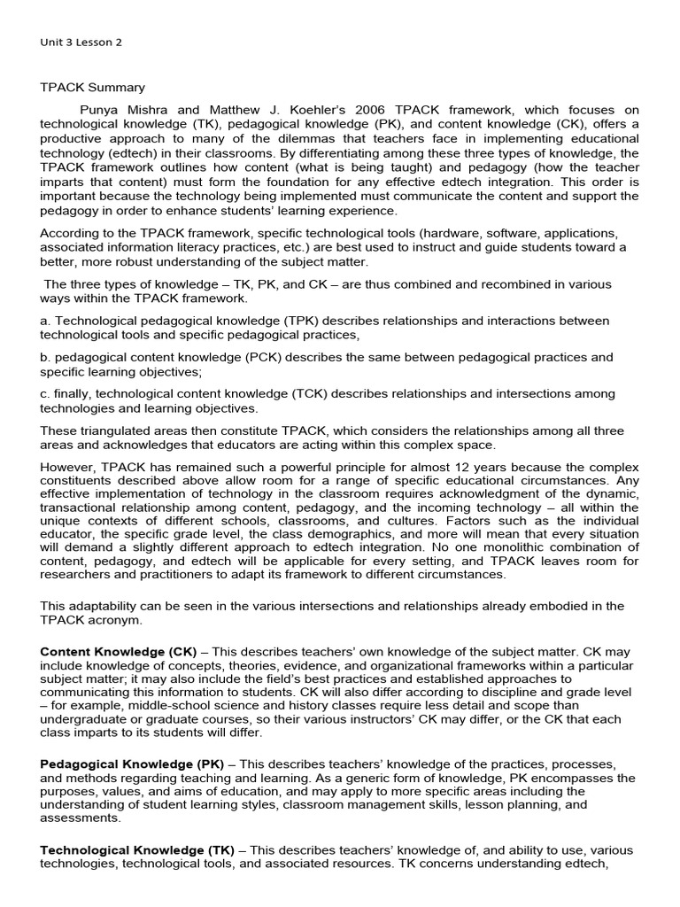 PCK 126 Unit 3 - TPACK Summary | PDF | Pedagogy | Educational Technology