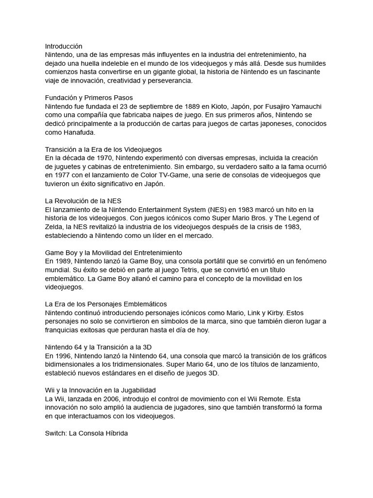 Historia de Nintendo - Innovación y Legado en La Industria Del Entretenimiento | PDF | Nintendo ...