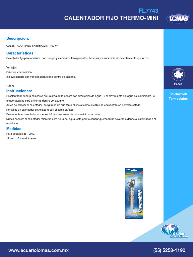 Calentador Fijo Thermo-Mini 100W para Acuarios | PDF