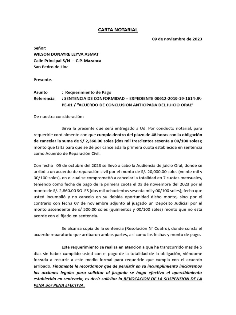 Carta Notarial Requerimiento de Pago | Descargar gratis PDF | Gobierno