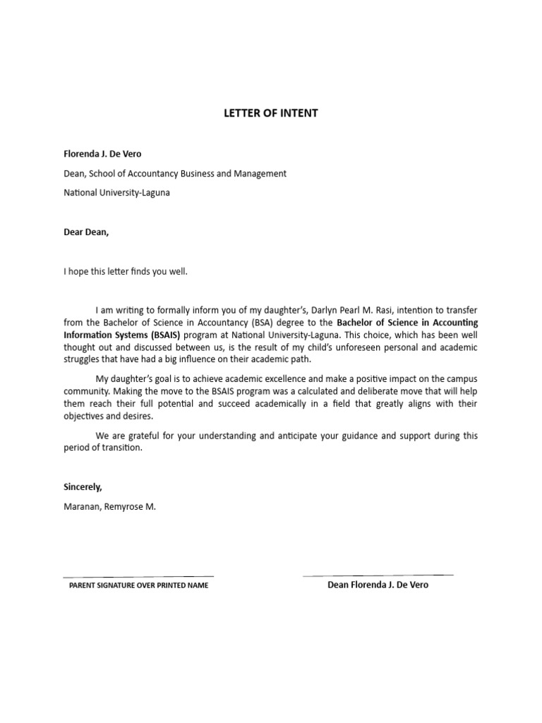 Letter of Intent Shifting | PDF