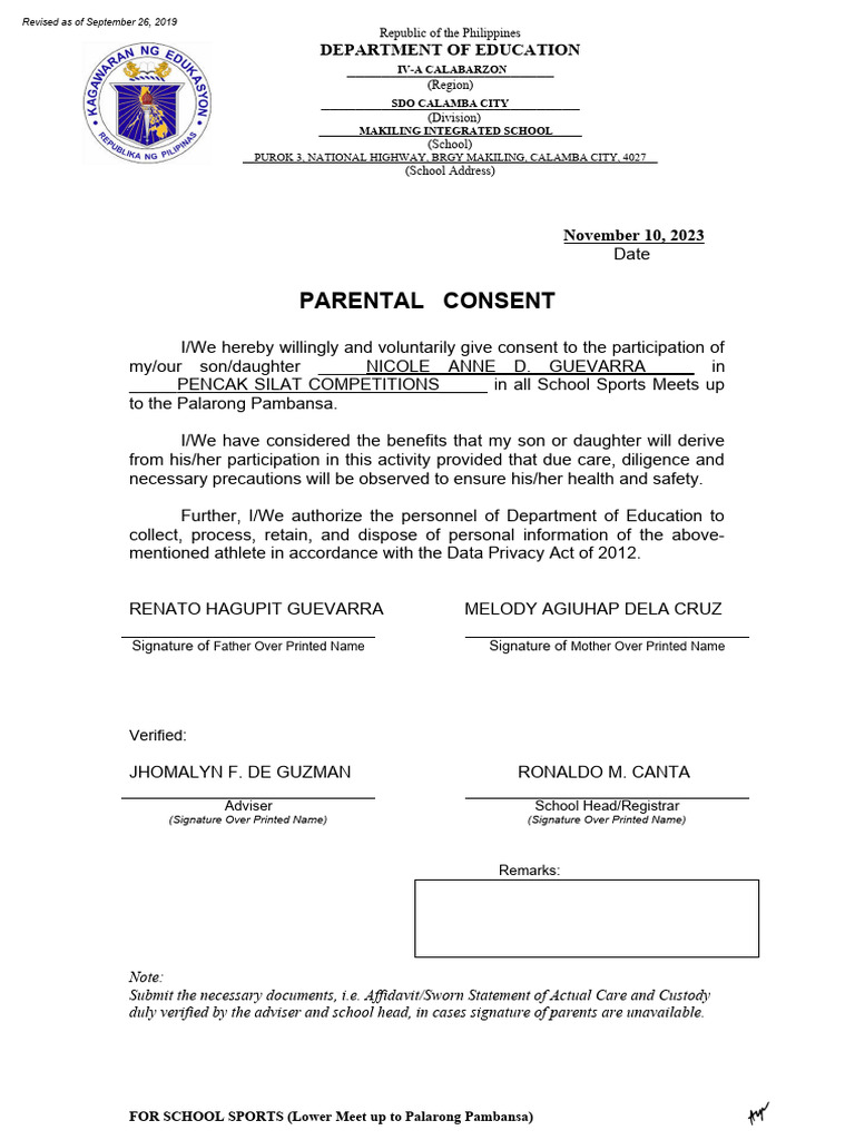 GUEVARRA 2020 Parents-Consent Revised-2 | PDF | Government