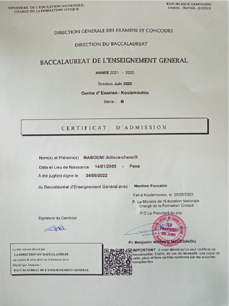 Certificat D'admission | PDF