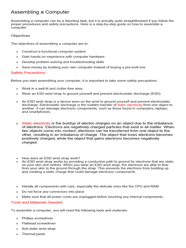 Assembling A Computer (Grade 8) | PDF | Electrostatic Discharge | Electrostatics