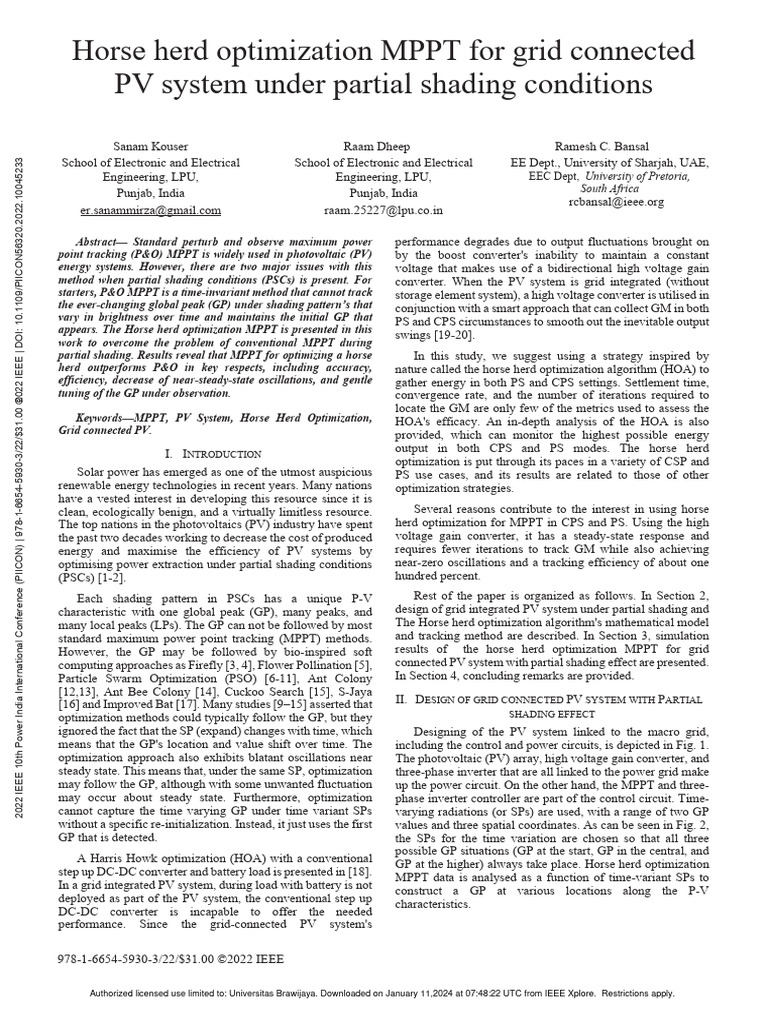 Horse Herd Optimization MPPT For Grid Connected PV System Under Partial Shading Conditions | PDF ...