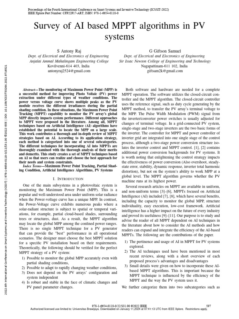 Survey Of Ai Based Mppt Algorithms In Pv Systems Pdf Photovoltaics 5503