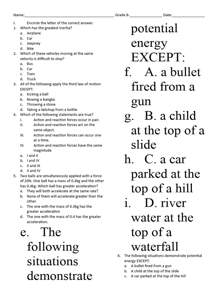 Long Quiz Potential | PDF | Force | Mass