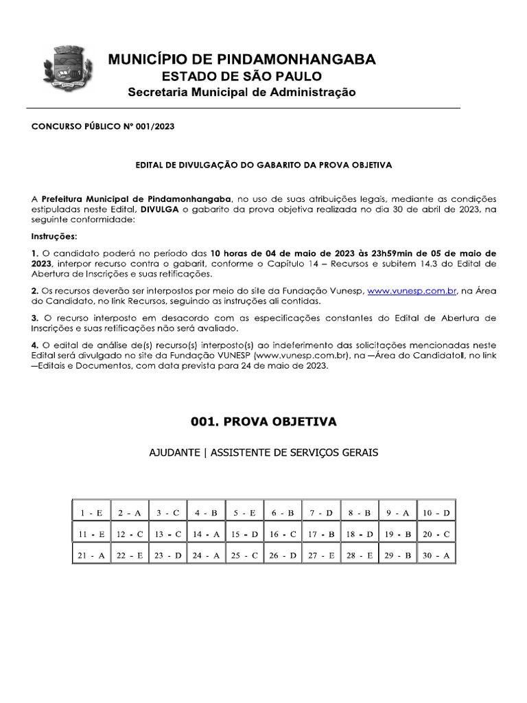 Vunesp 2023 Prefeitura de Pindamonhangaba SP Engenheiro Civil Gabarito ... Vunesp 2023 Prefeitura de Pindamonhangaba SP Engenheiro Civil Gabarito ...