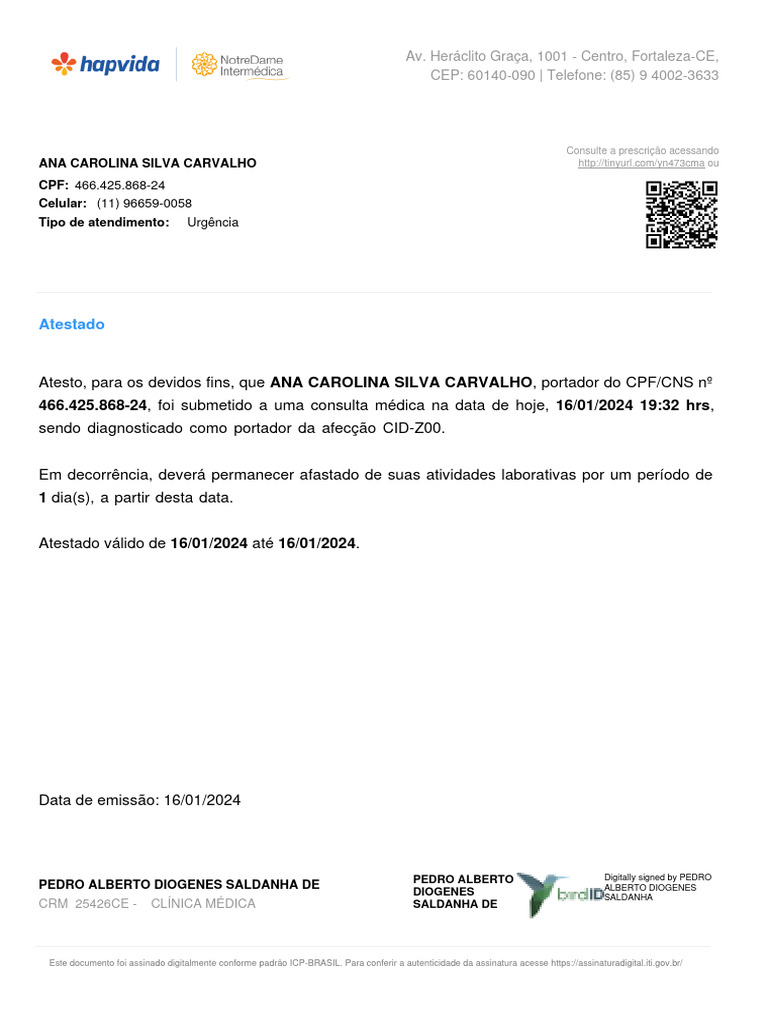 Atestado Médico CID Z00 | PDF